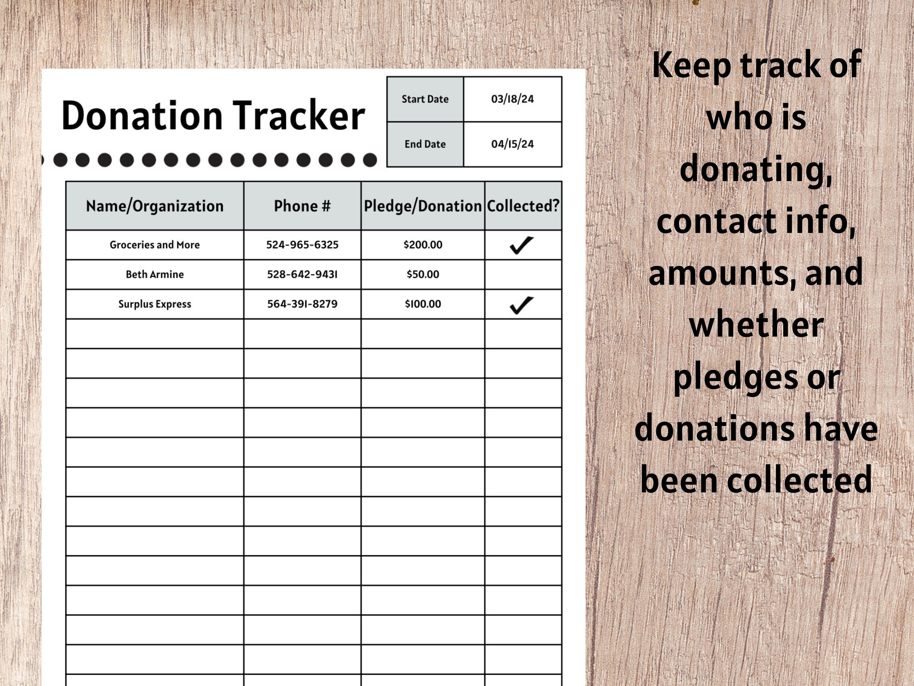 Donation Tracker, Donation Tracker Printable, Donation Log, Fundraiser ...
