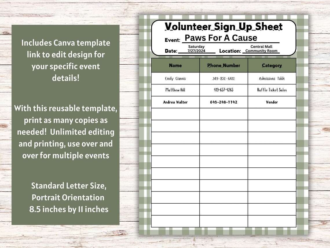 Volunteer Sign up Sheet, Concession Stand Sign up Sheet, Pta Volunteer ...