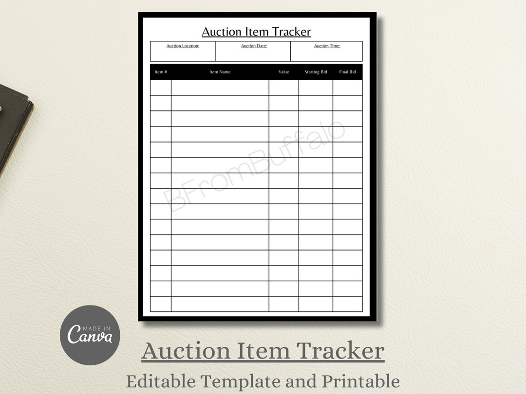 Auction Item Tracker, Auction Template, Auction Sheet, Auction Supplies ...