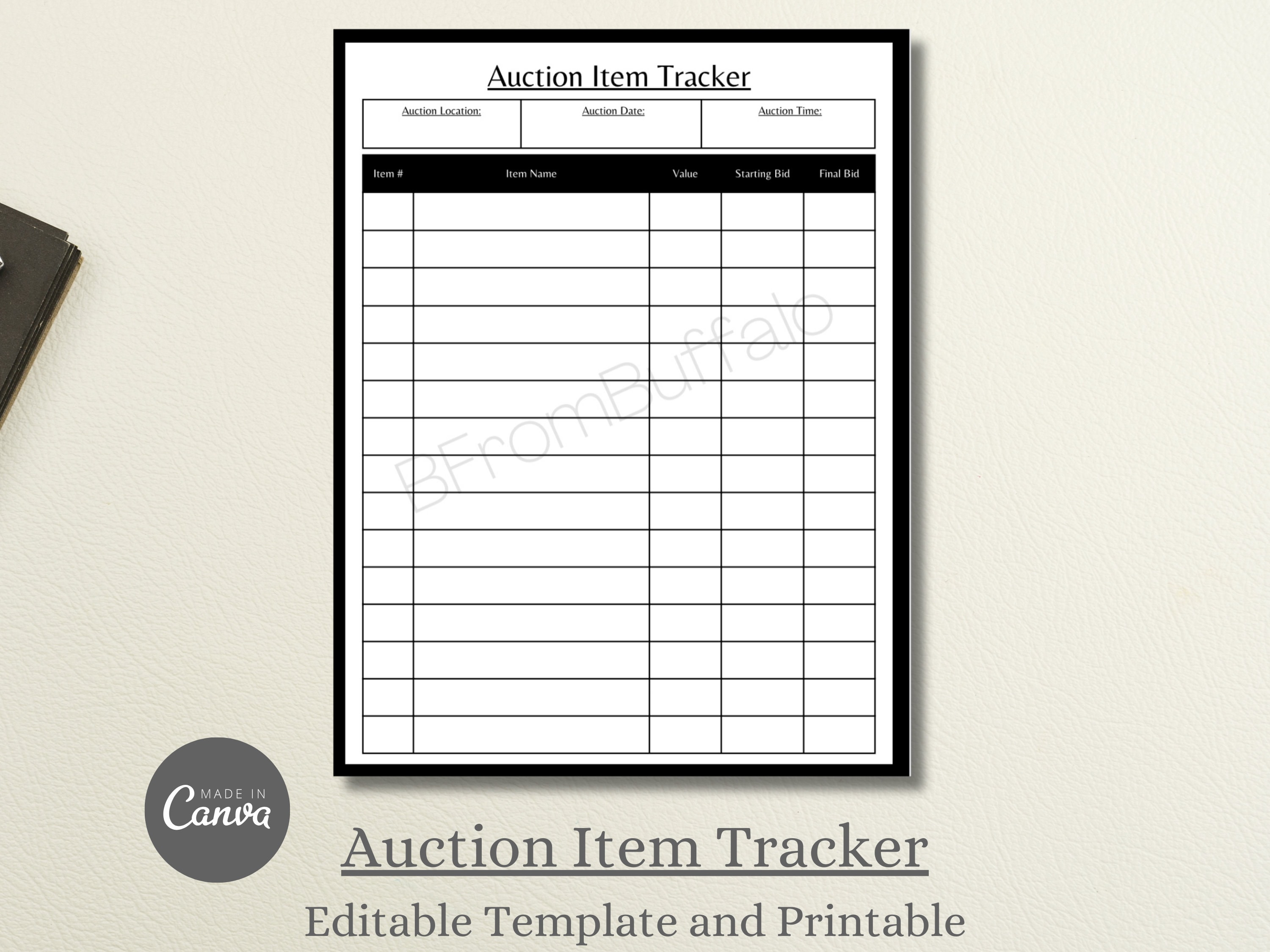 Auction Item Tracker, Auction Template, Auction Sheet, Auction Supplies ...