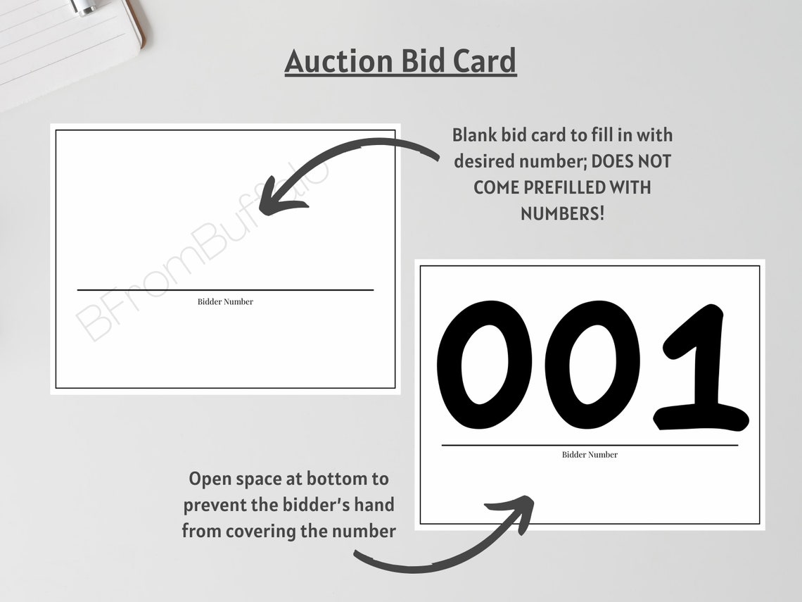 Auction Bid Card, Auction Bid Numbers, Silent Auction Forms, Auction ...