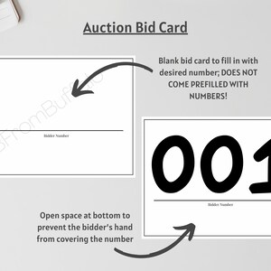 Auction Bid Card, Auction Bid Numbers, Silent Auction Forms, Auction ...