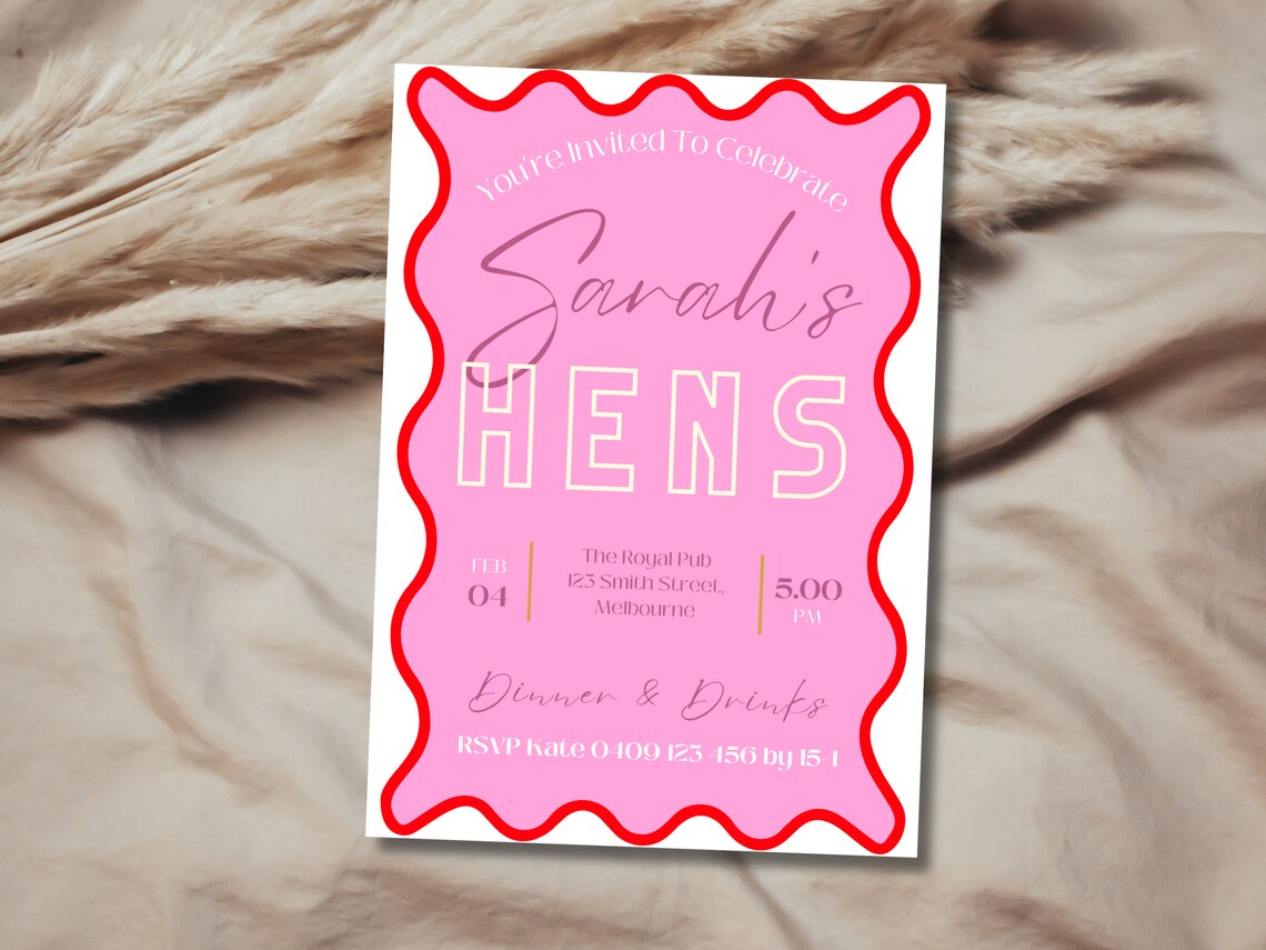 Pink Wavy Hens Party Invitation Template, Hens Invitation, Hens Invite ...