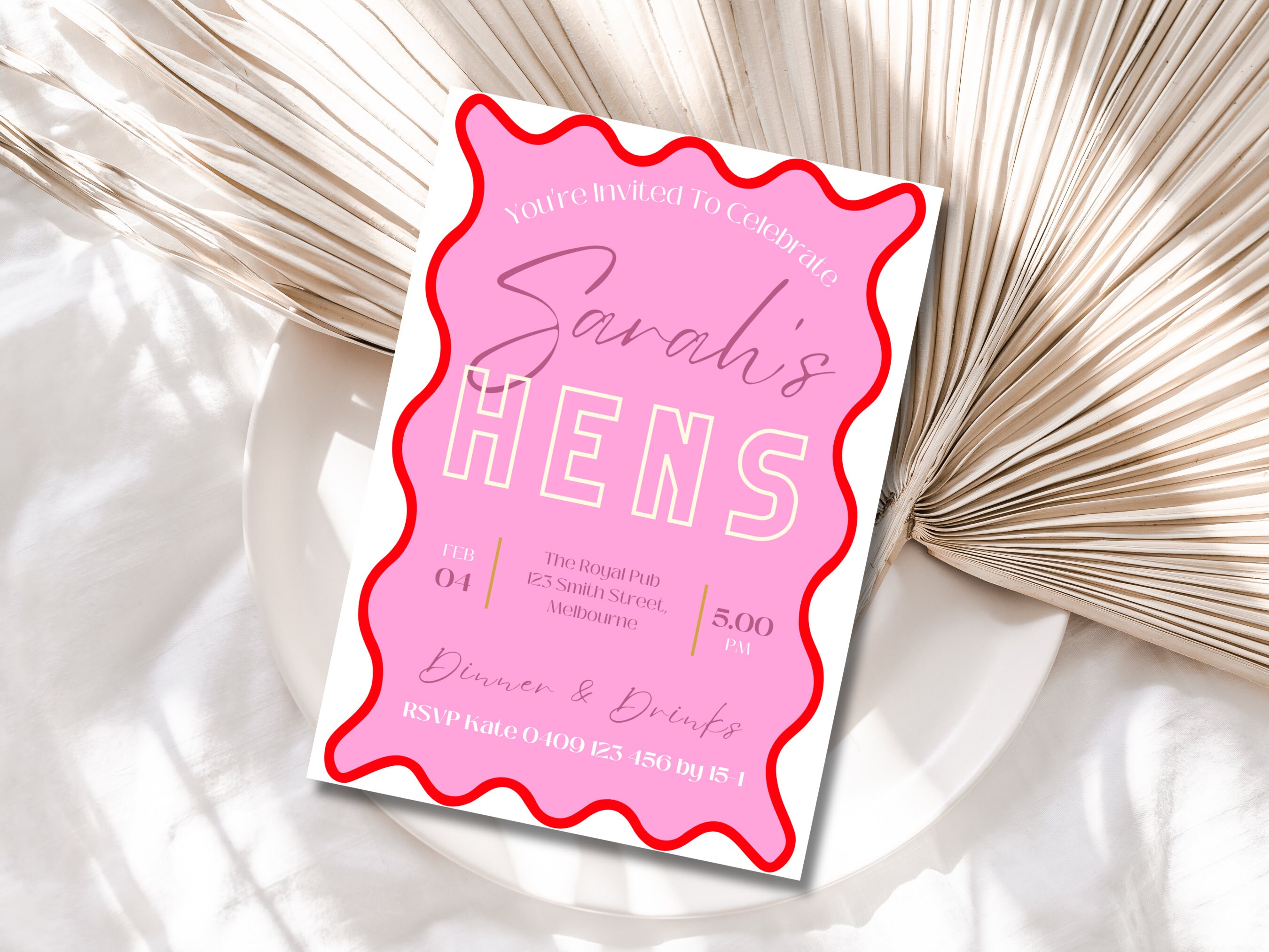 Pink Wavy Hens Party Invitation Template, Hens Invitation, Hens Invite ...