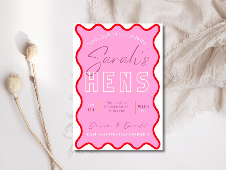 Pink Wavy Hens Party Invitation Template, Hens Invitation, Hens Invite ...