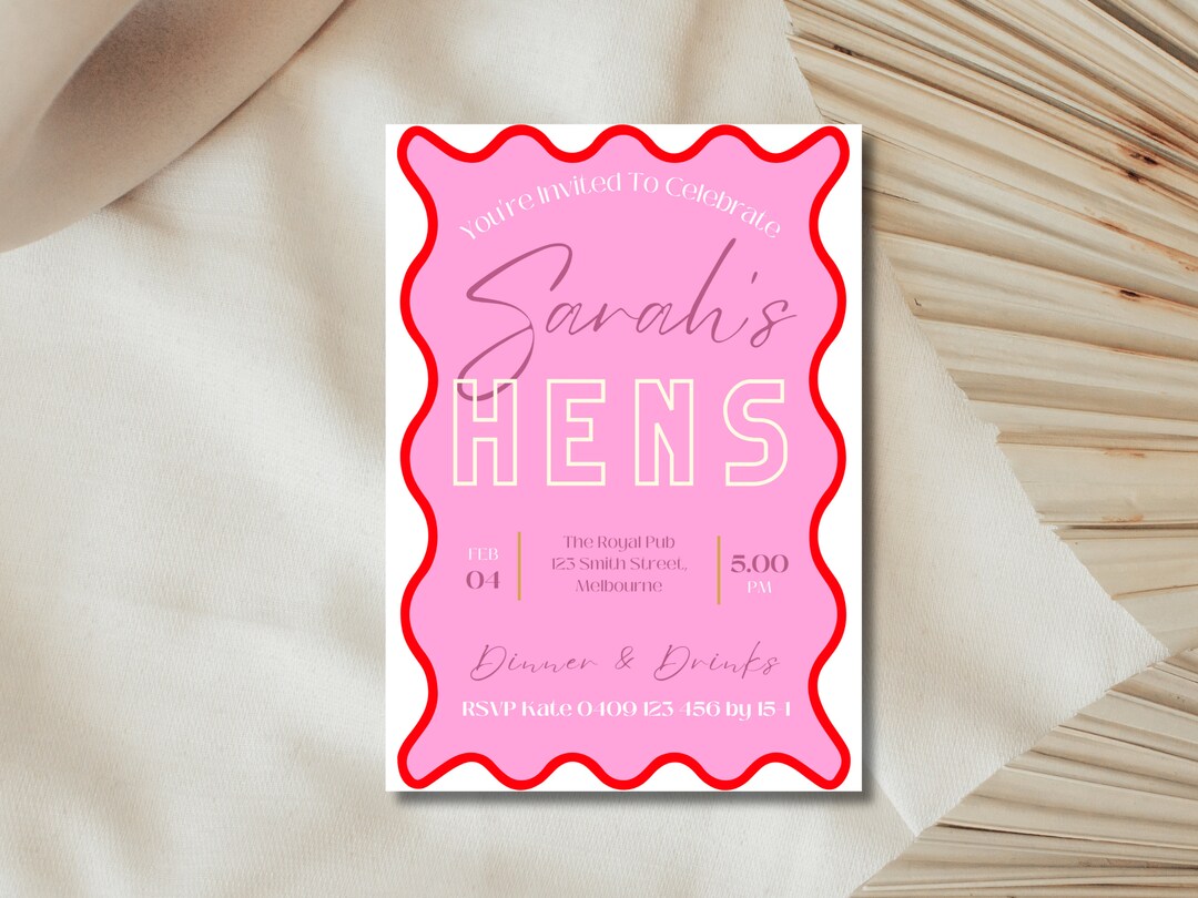Pink Wavy Hens Party Invitation Template, Hens Invitation, Hens Invite ...