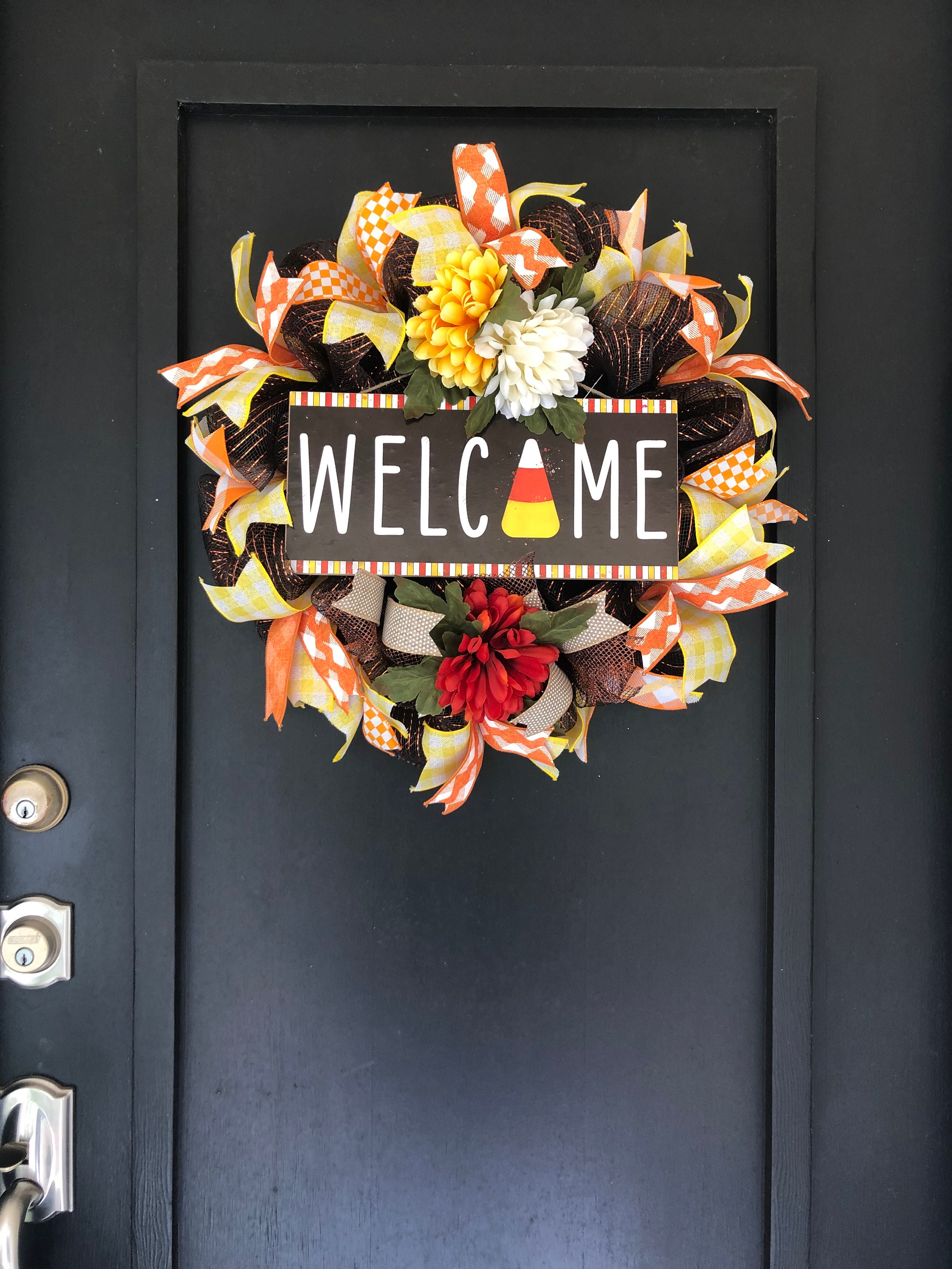 Welcome Halloween Front Door Wreath, Candy Corn Welcome Sign, Country ...