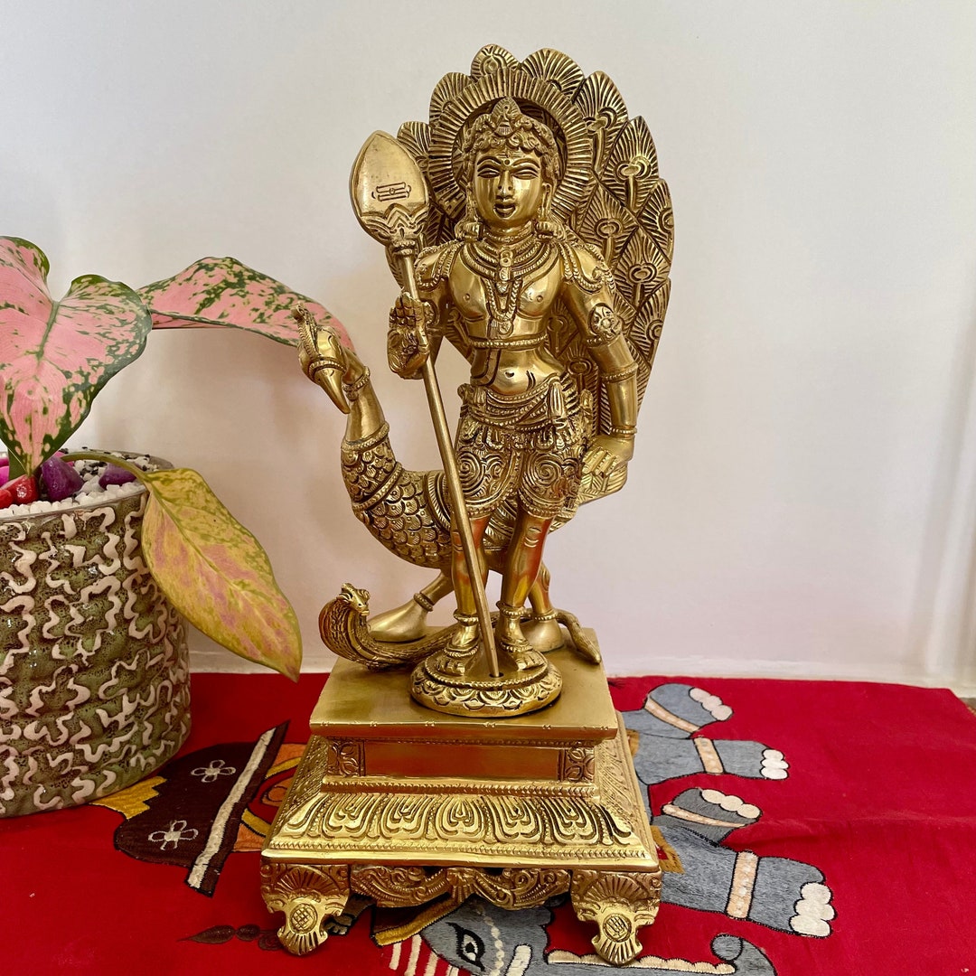 Lord Murugan Swamy Kartikeya Brass Idol With Peacock, Indian Hindu God ...