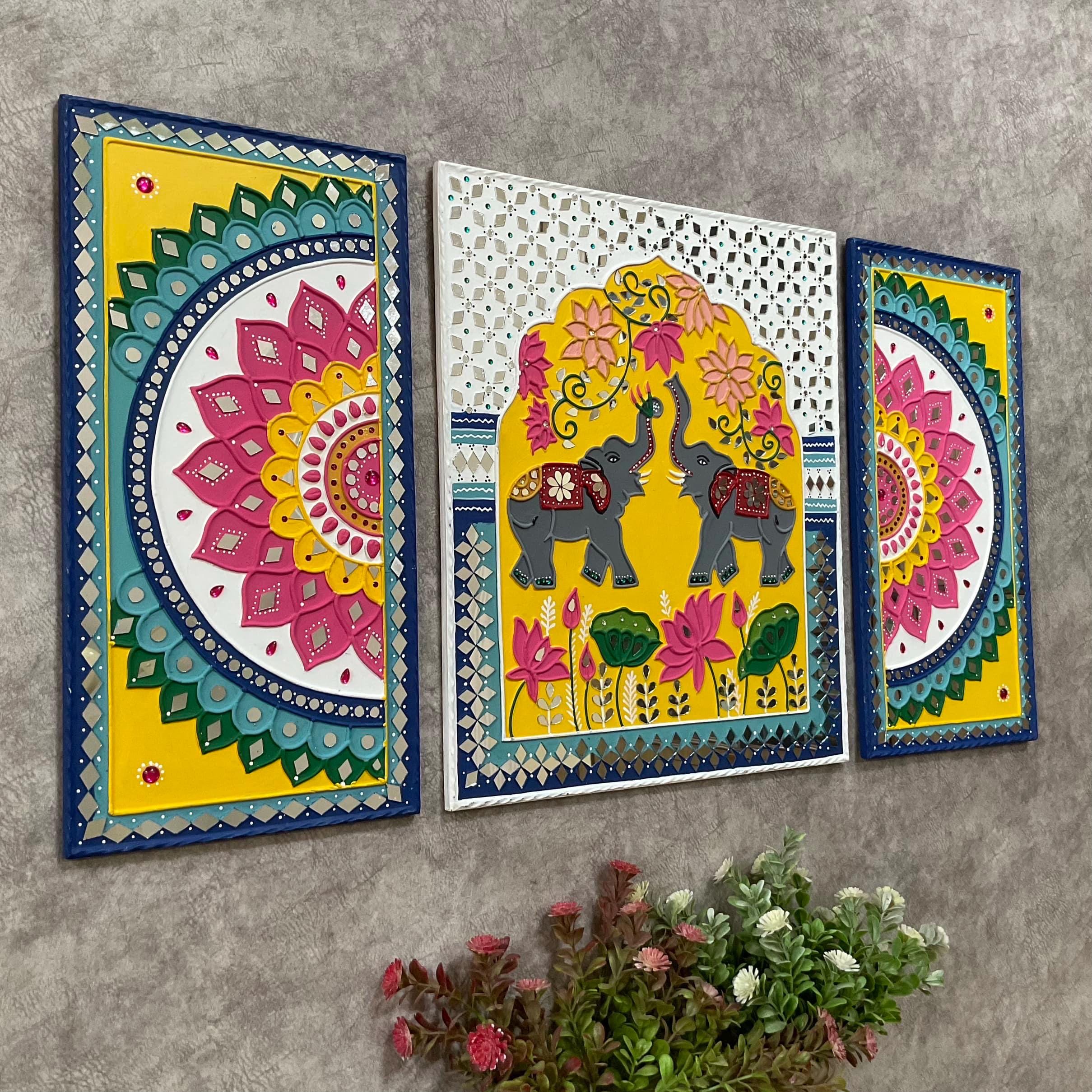 Lippan Art Wall Decor, Elephant Flower Rangoli Lippan Mirror Art (set ...
