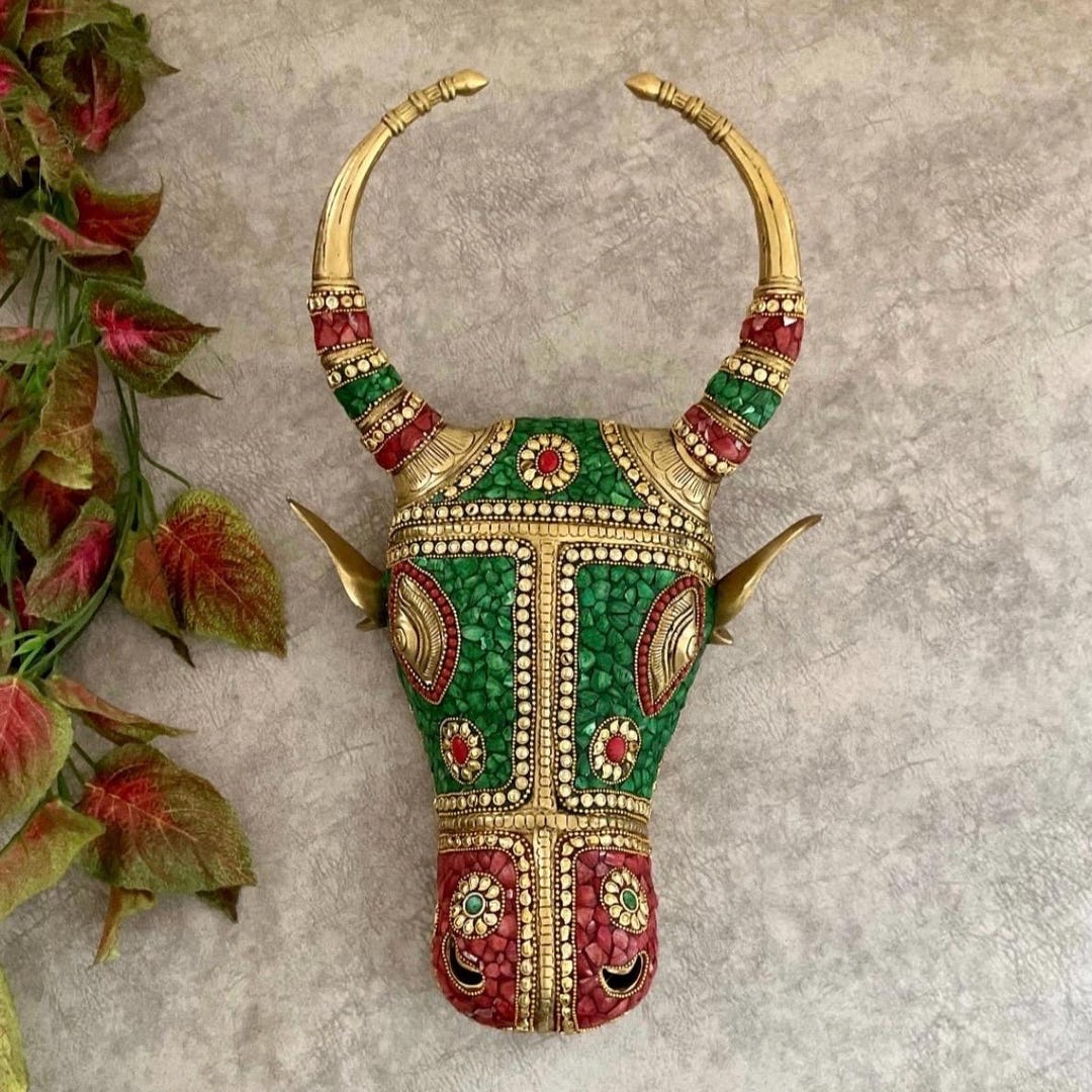Nandi Wall Hanging Brass Stonework Decor, Entrance Home Decor, Pooja ...