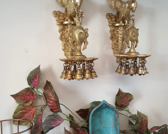Parrot Brass Hanging Diya With Bells, Shanku Chakra set is 2 Brass Wall ...