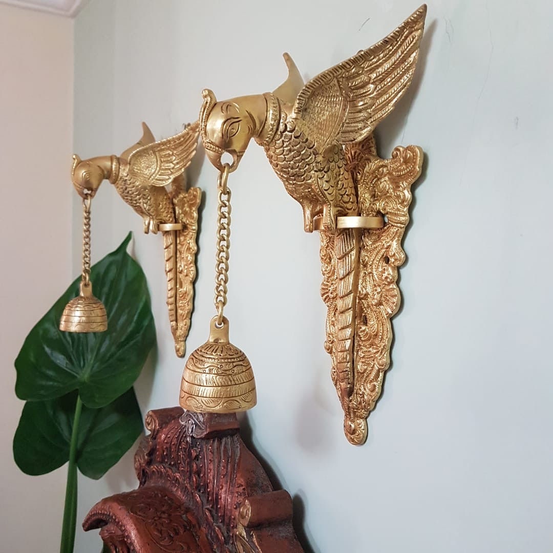 Brass Hanging Bell Indian Decor Set of 2, Parrot Brass Wall Hanging ...