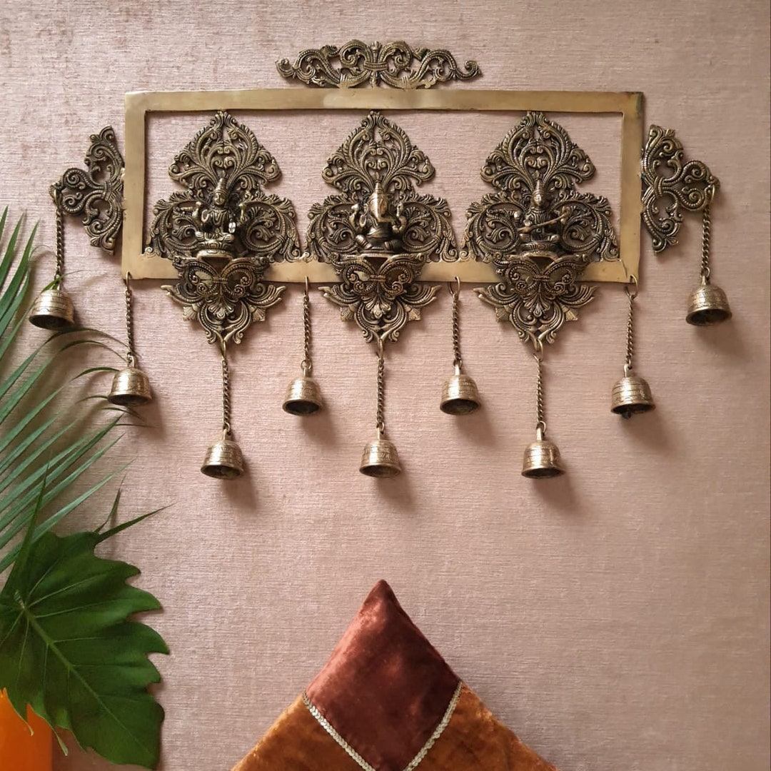 Brass Wall Hanging Bell, Lakshmi Ganesh Saraswati Bell Indian Decor ...