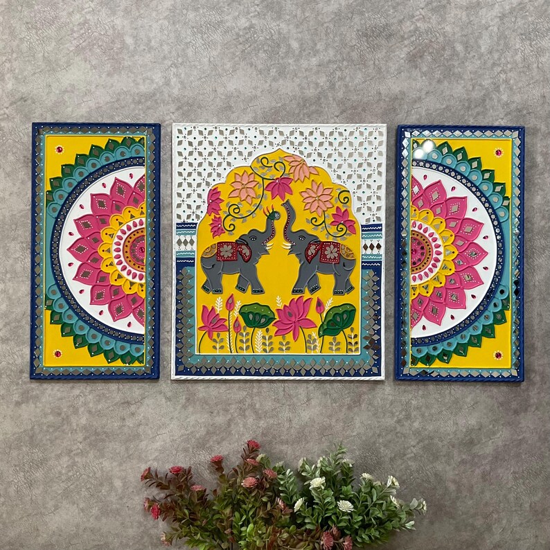 Lippan Art Wall Decor, Elephant Flower Rangoli Lippan Mirror Art (set ...