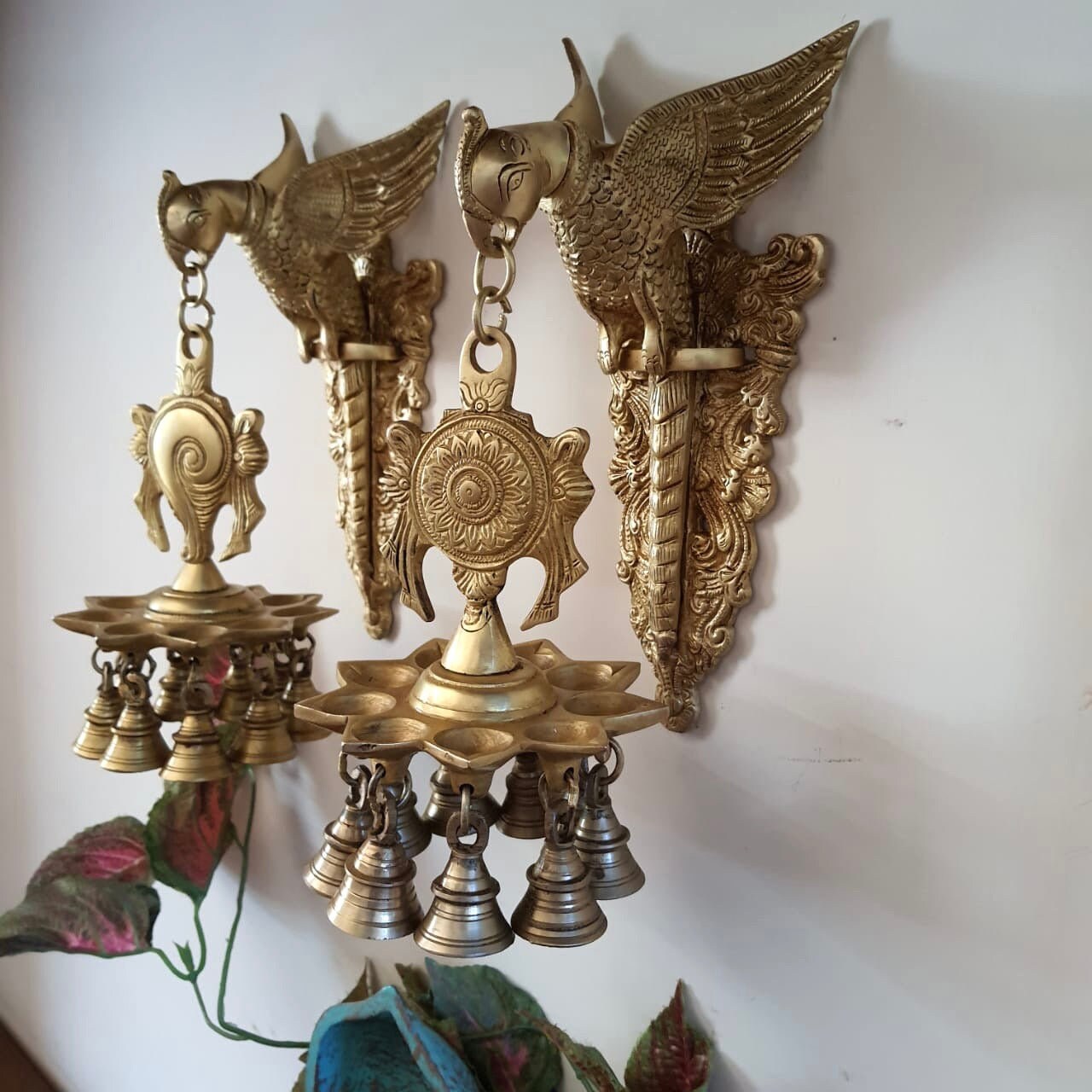 Parrot Brass Hanging Diya With Bells, Shanku Chakra set is 2 Brass Wall ...