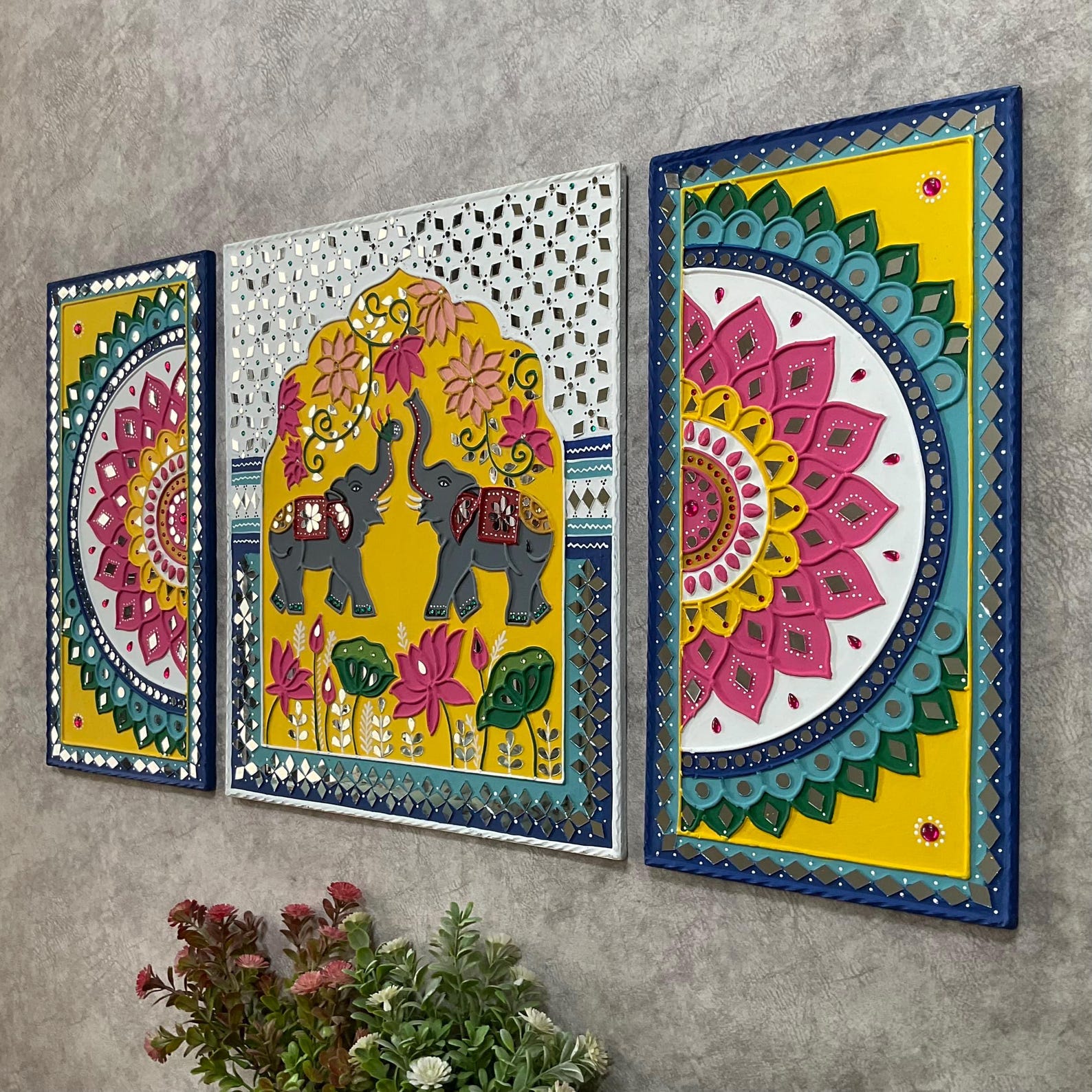 Lippan Art Wall Decor, Elephant Flower Rangoli Lippan Mirror Art (set ...