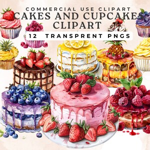 Cake and Cupcake Clipart Watercolor Set Birthday Party Chocolate Cake ...