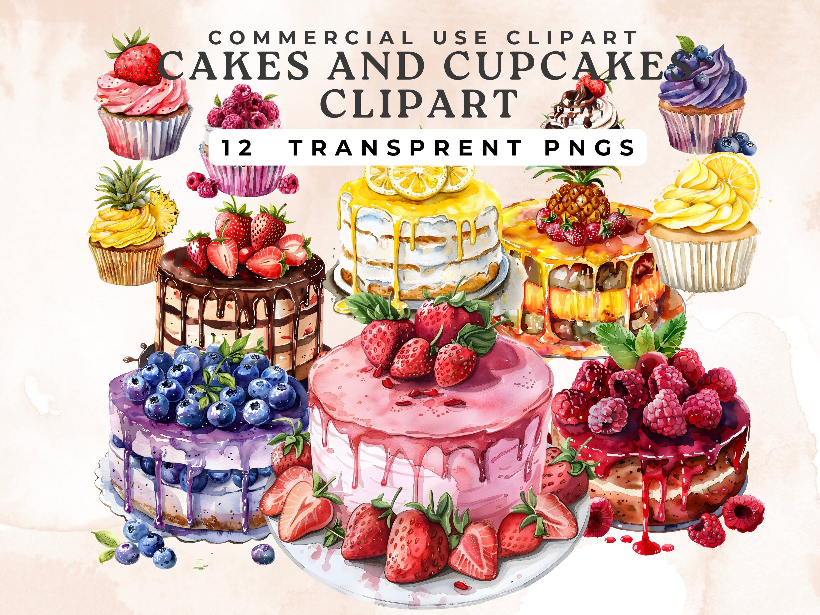 Cake and Cupcake Clipart Watercolor Set Birthday Party Chocolate Cake ...