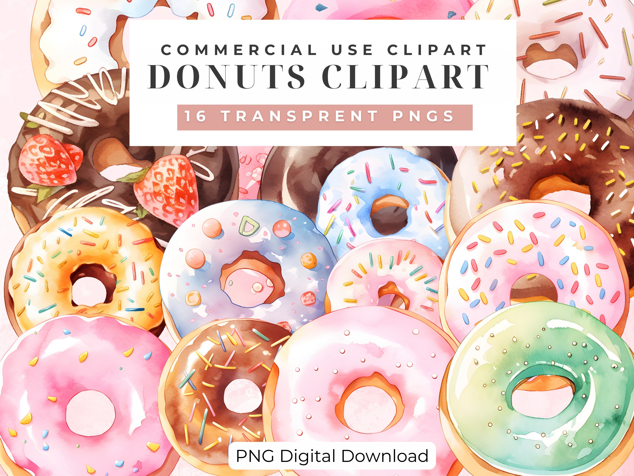 Watercolor Donuts Clipart Set Birthday Party Clip Decorations Bakery ...