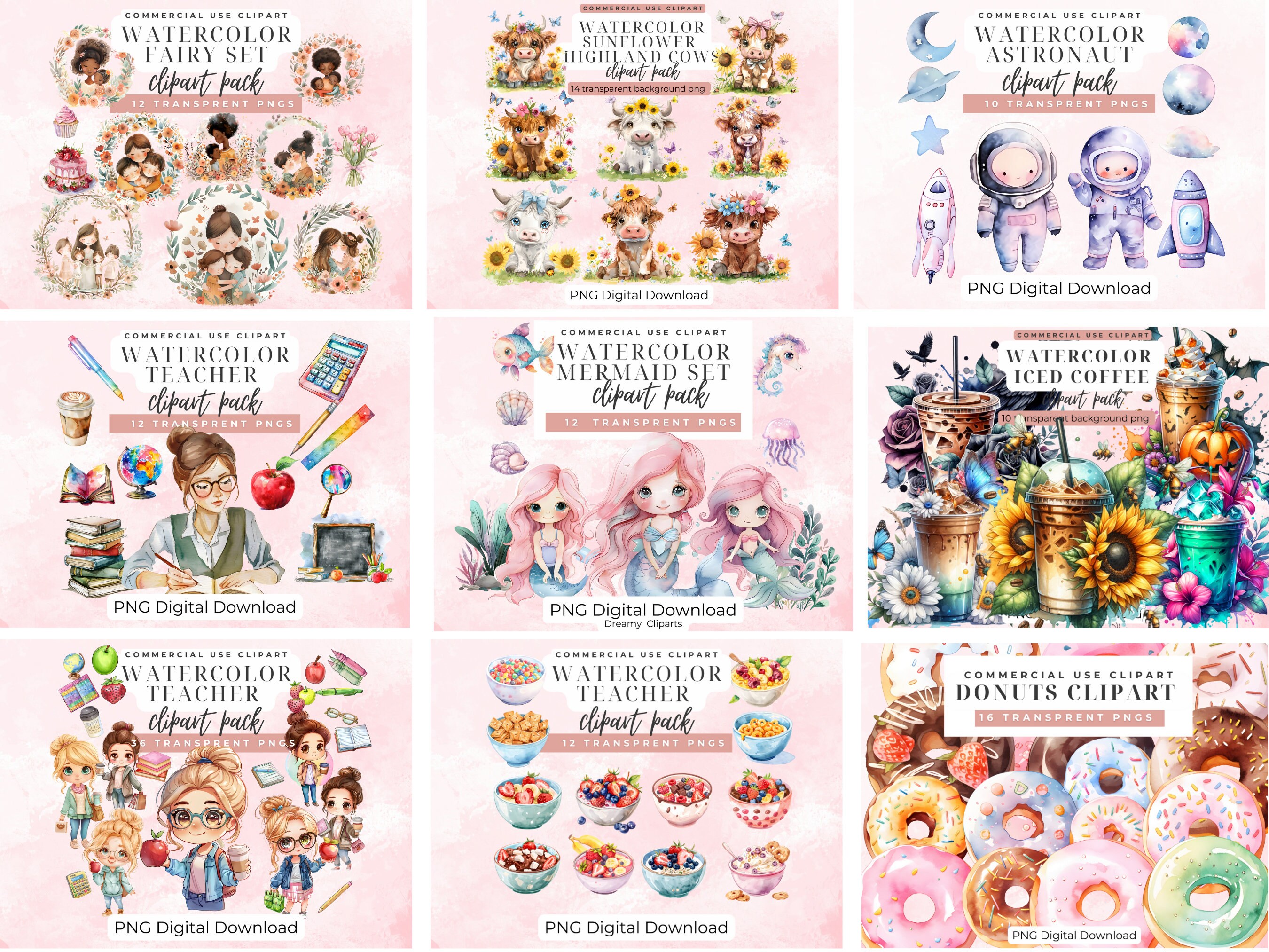 Watercolour Clipart Bundle Set, Full Store Access, Transparent ...