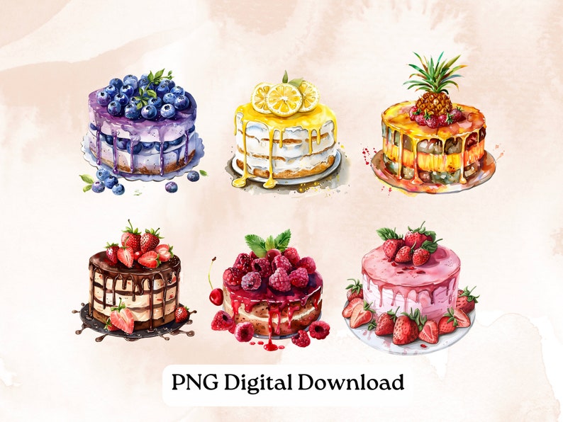 Cake and Cupcake Clipart Watercolor Set Birthday Party Chocolate Cake ...