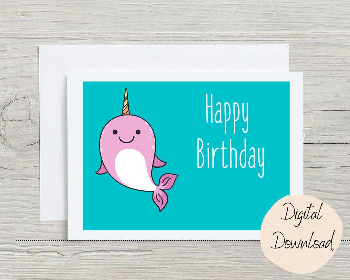 Printable Birthday Card, Narwhal Birthday Card, A2, A7, Digital ...