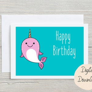 Printable Birthday Card, Narwhal Birthday Card, A2, A7, Digital ...
