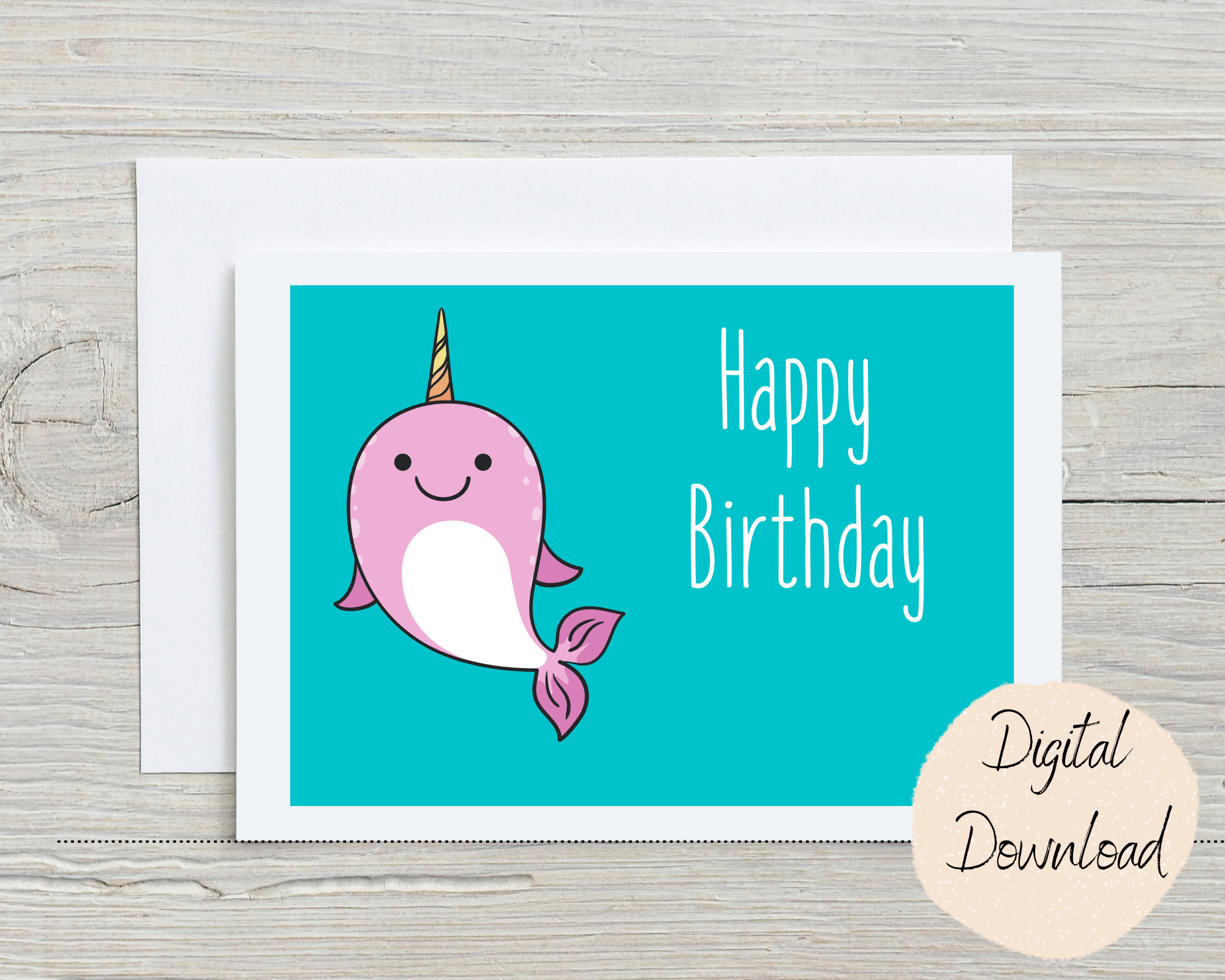 Printable Birthday Card, Narwhal Birthday Card, A2, A7, Digital ...