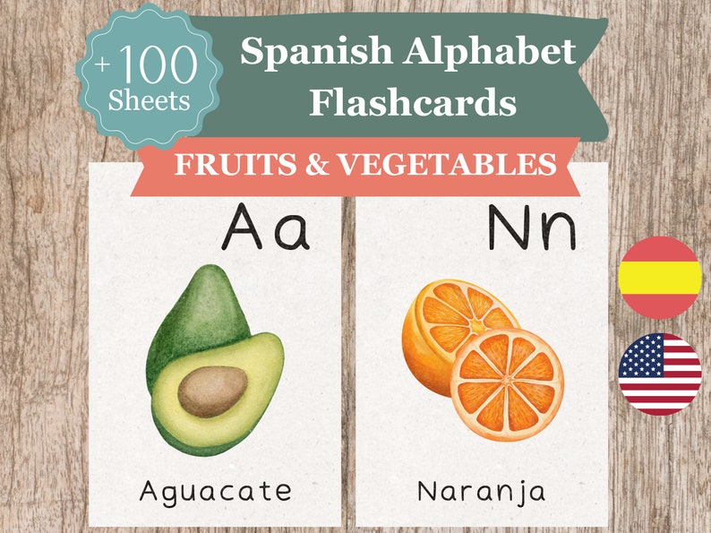 Spanish Fruits and Vegetables Alphabet Flashcards - Bilingual Learning ...