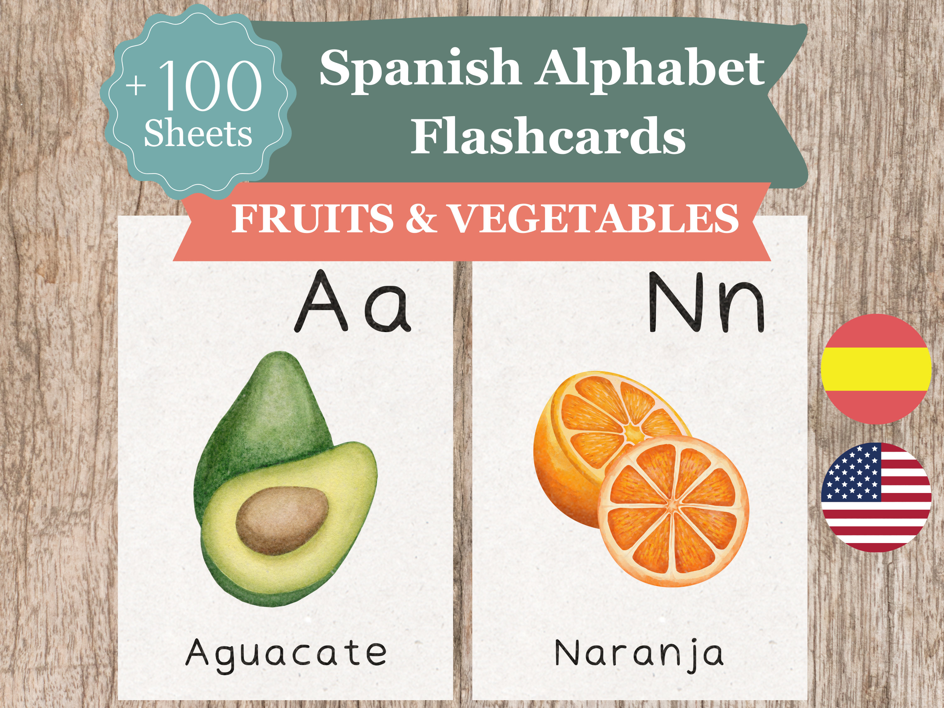 Spanish Fruits and Vegetables Alphabet Flashcards - Bilingual Learning ...