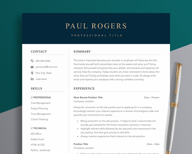 Modern Executive Resume Template for Word and Pages Professional ...