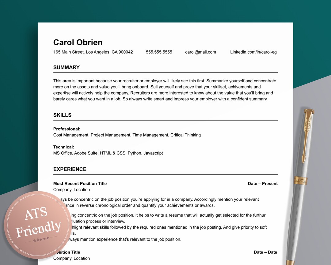 Modelo de currículo ATS para Word, Apple Pages Modelo de currículo ...