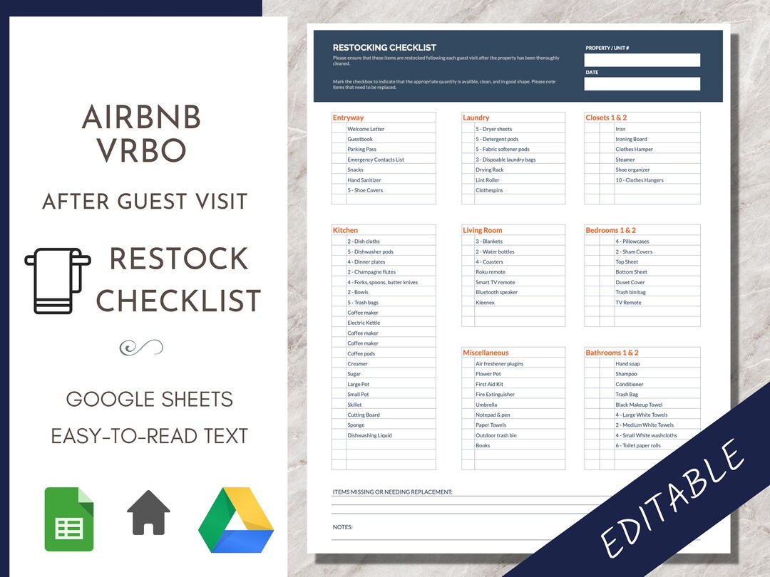 Airbnb Checklist, Restock, Supplies, Airbnb Inventory Sheet, Vrbo Short ...