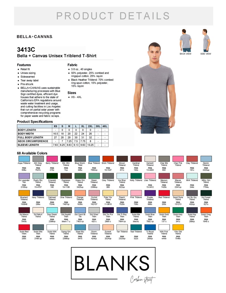 3413 Bella Canvas Blanks 3413 CVC Colors Triblend Shirt Making Vinyl ...