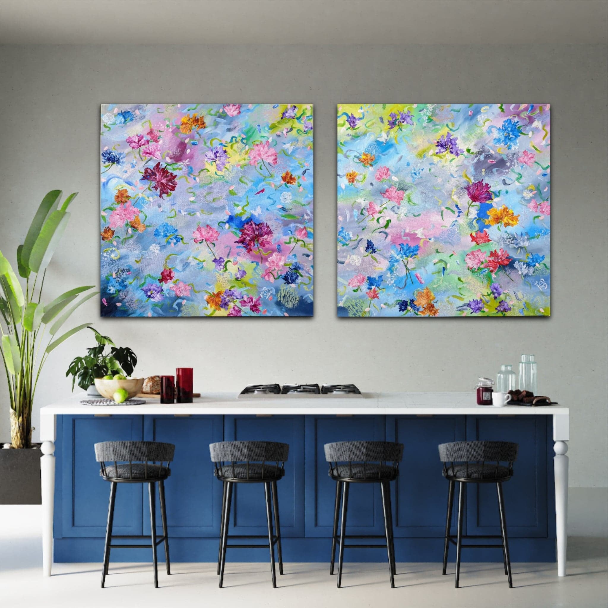 Original Large Abstract Diptych, Set of Two Abstract Paintings, Flower ...