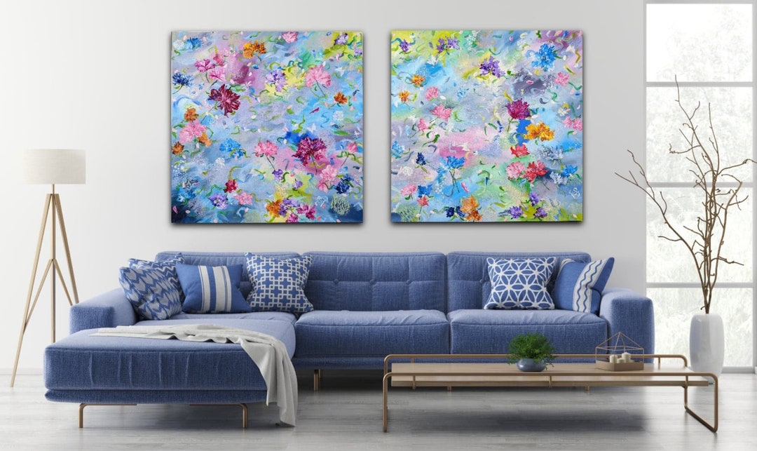 Original Large Abstract Diptych, Set of Two Abstract Paintings, Flower ...