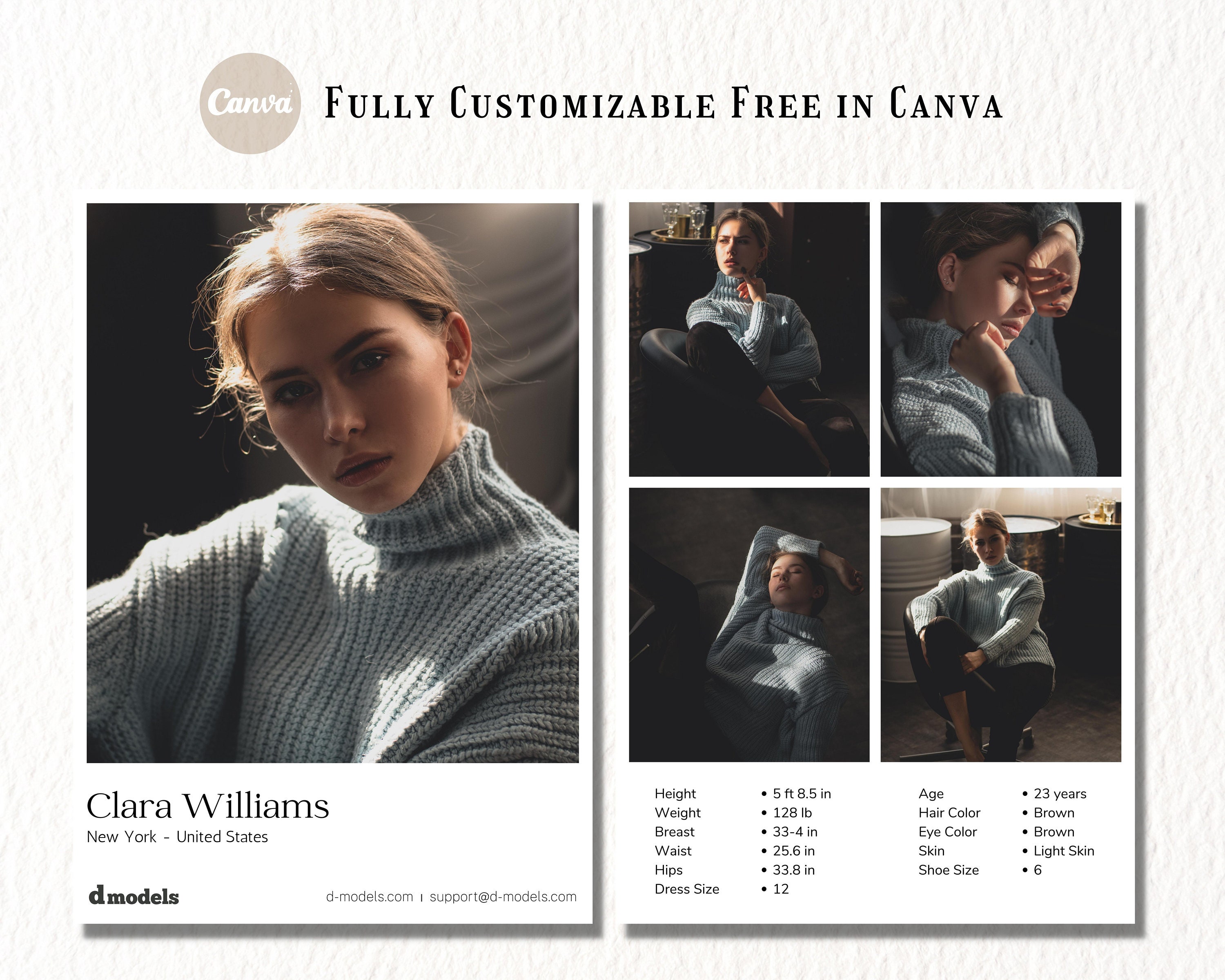 Model Comp Card | Editable Fashion Model Zed Card | Model Portfolio ...
