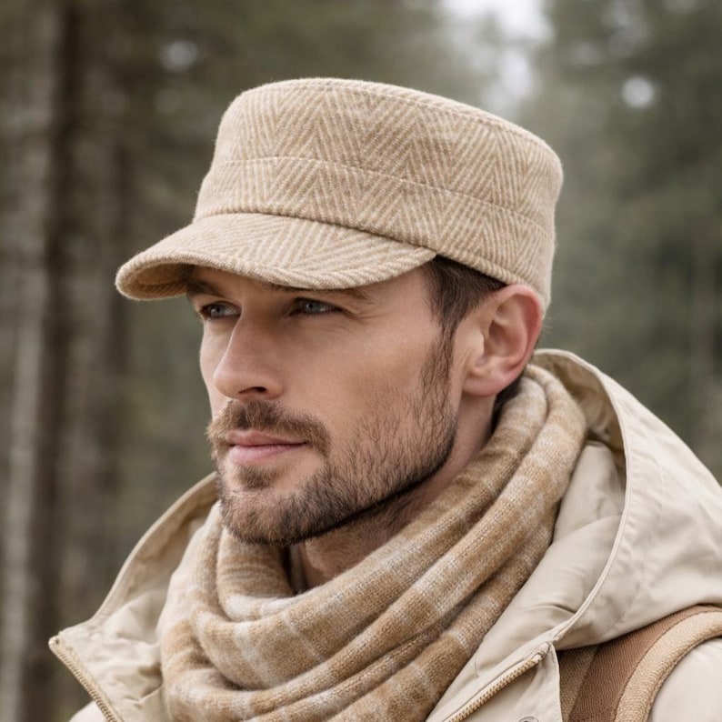Men’s Wool Cadet Cap – Brown Tweed Military Hat – Vintage Houndstooth ...