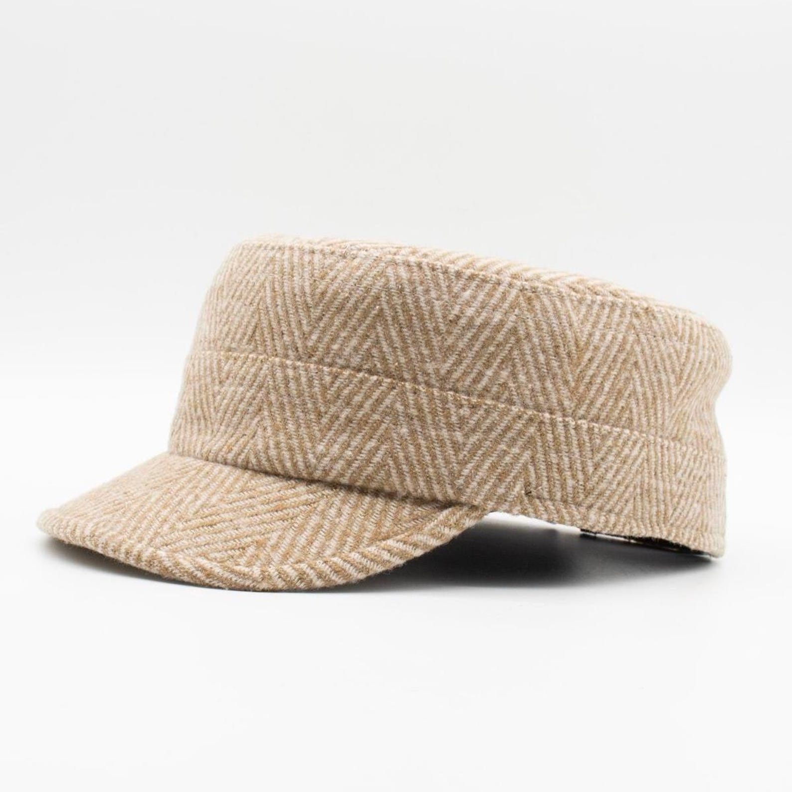 Men’s Wool Cadet Cap – Brown Tweed Military Hat – Vintage Houndstooth ...