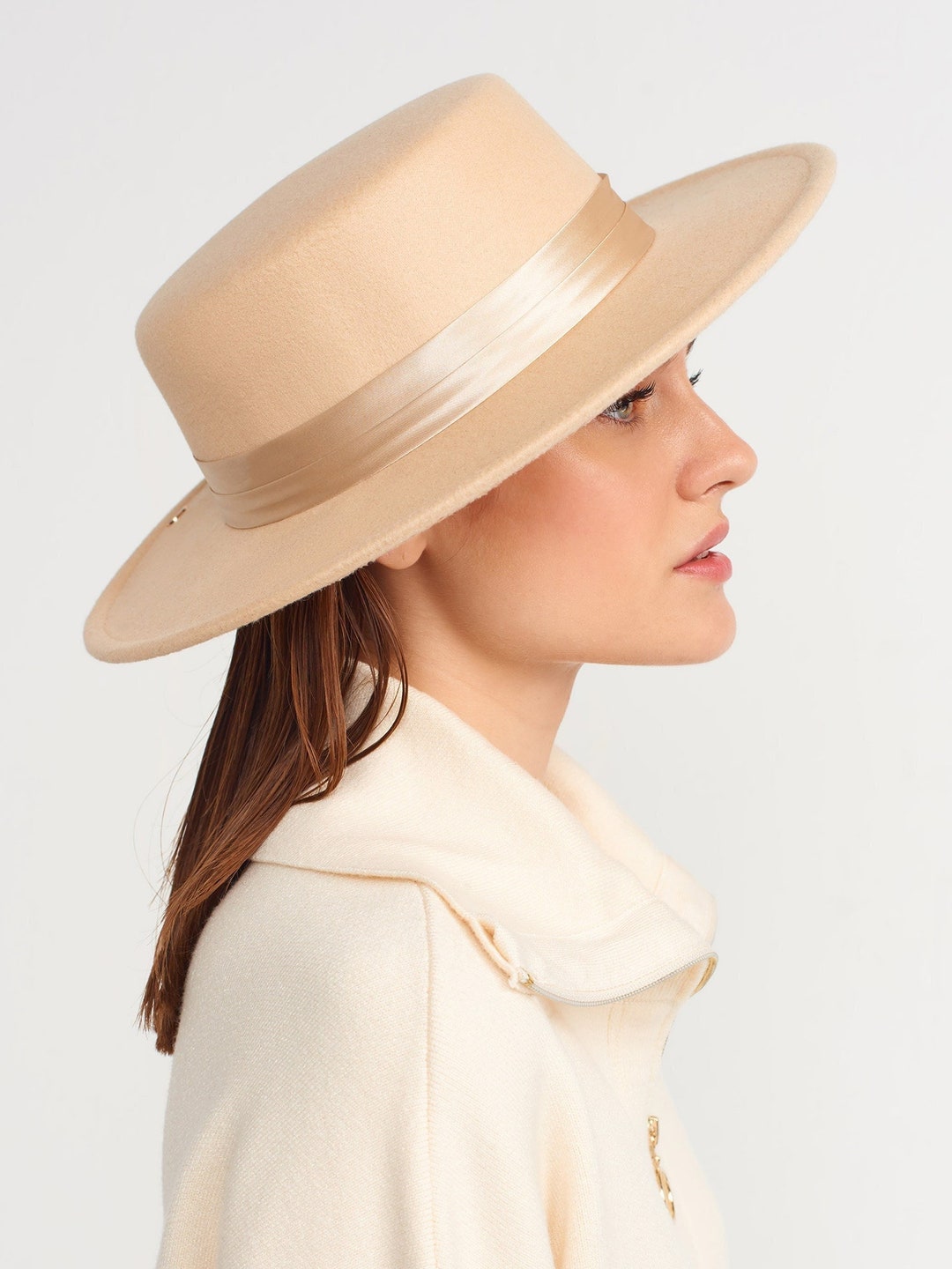 Beige Winter Boater Hat, Classic Wide Brim Hat, Women Beige Formal Hat ...