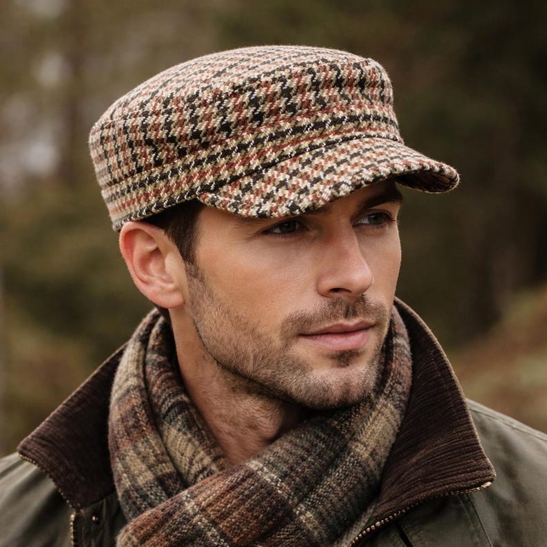 Men’s Wool Cadet Cap – Brown Tweed Military Hat – Vintage Houndstooth ...