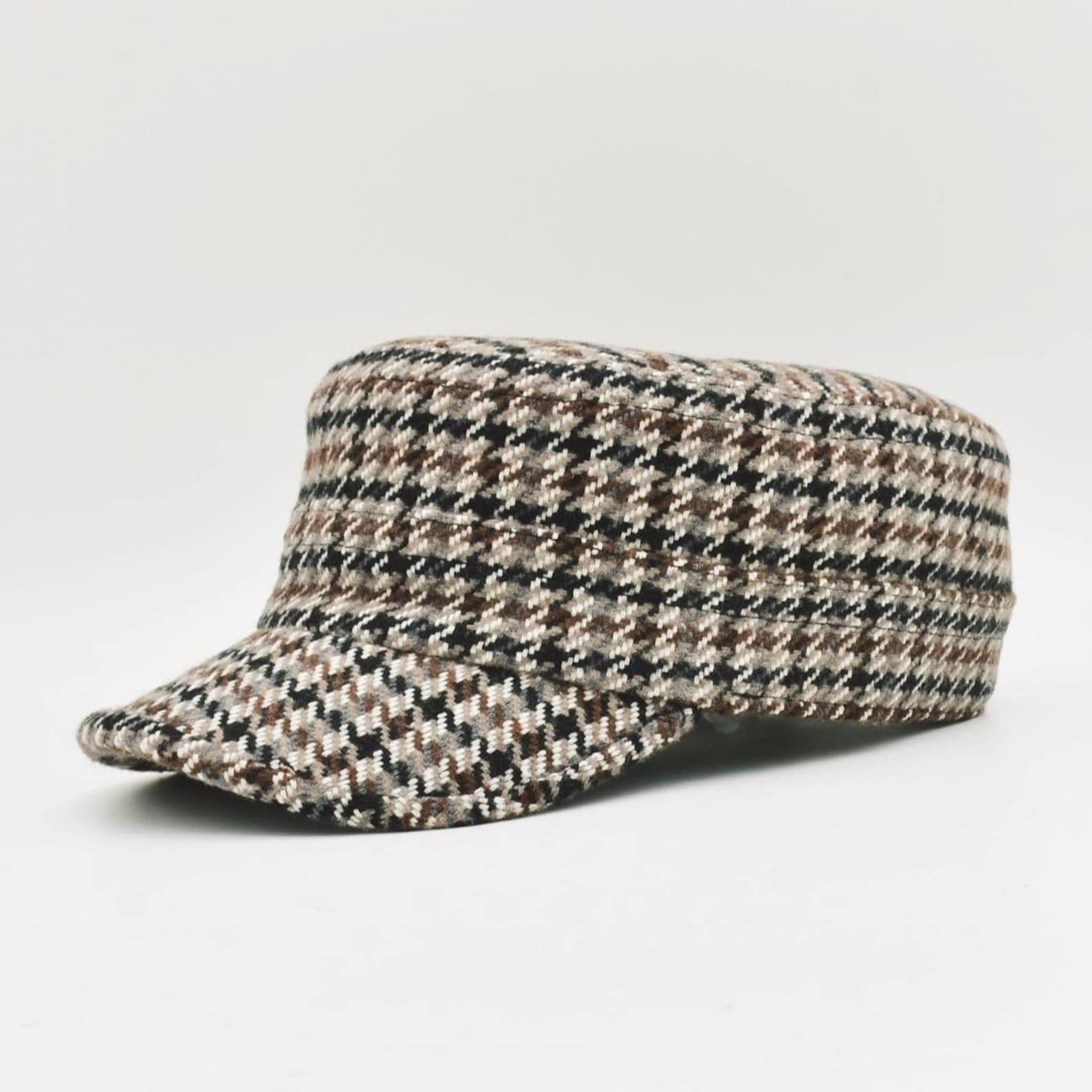 Men’s Wool Cadet Cap – Brown Tweed Military Hat – Vintage Houndstooth ...