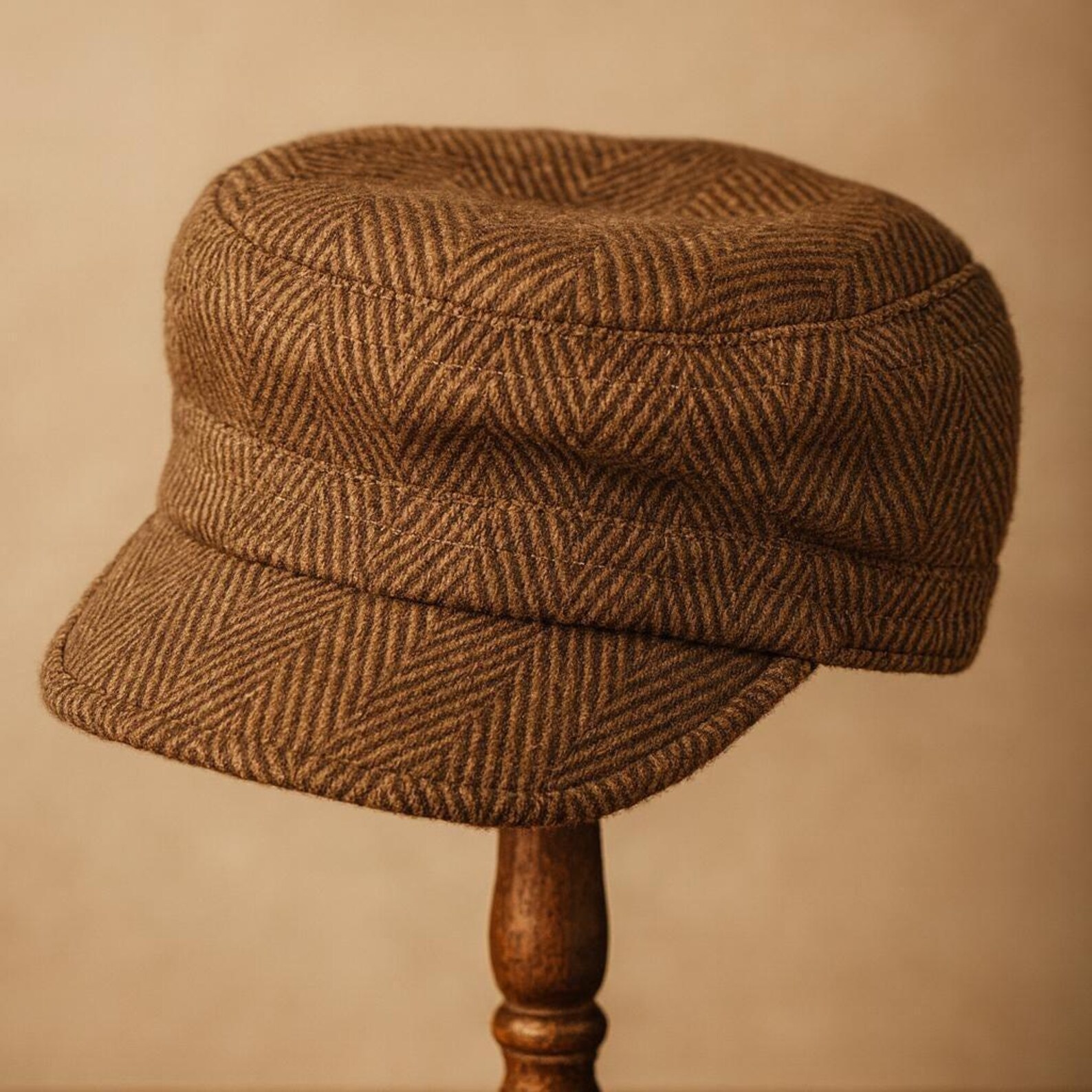 Men’s Wool Cadet Cap – Brown Tweed Military Hat – Vintage Houndstooth ...