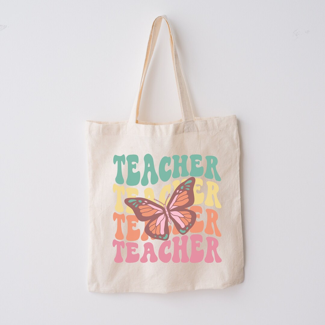 Retro Teacher Tote Bag: Butterfly Design, Cotton Gift - Etsy