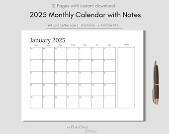 2025 Printable Minimalist Monthly Calendar Yearly Planner With 12 Dated ...