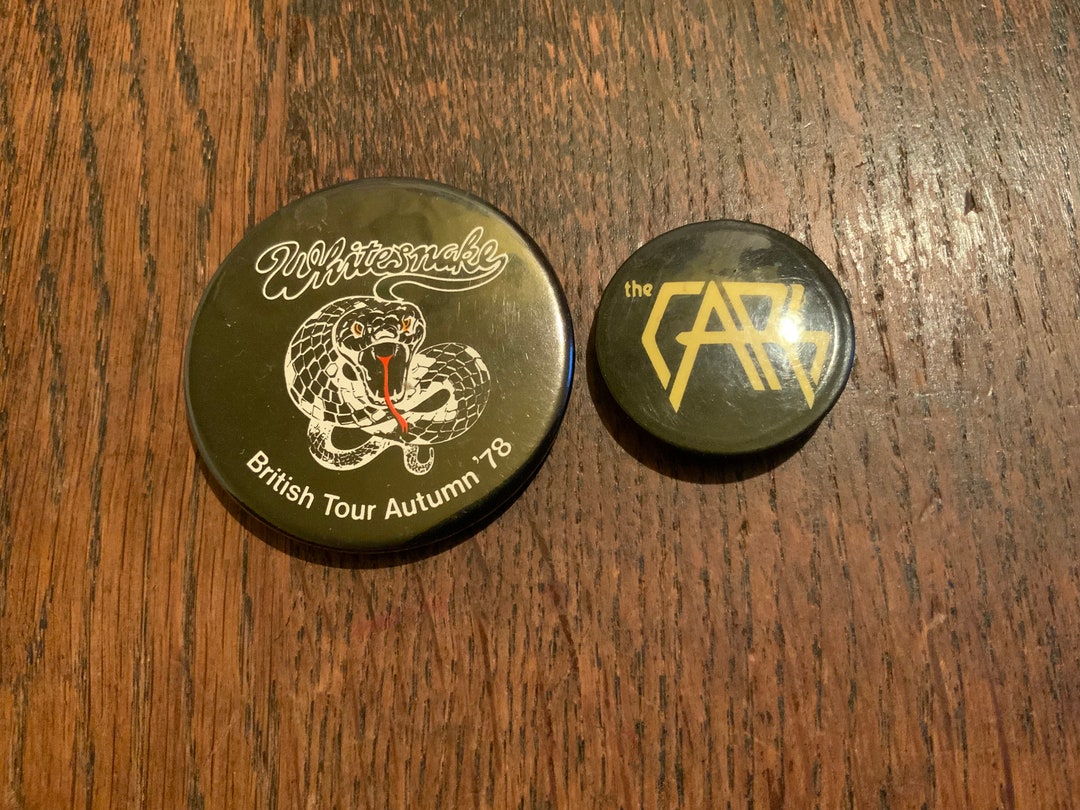 2 Vintage 1970s Band Badges Pins Whitesnake Rocker the Cars Deep Purple ...