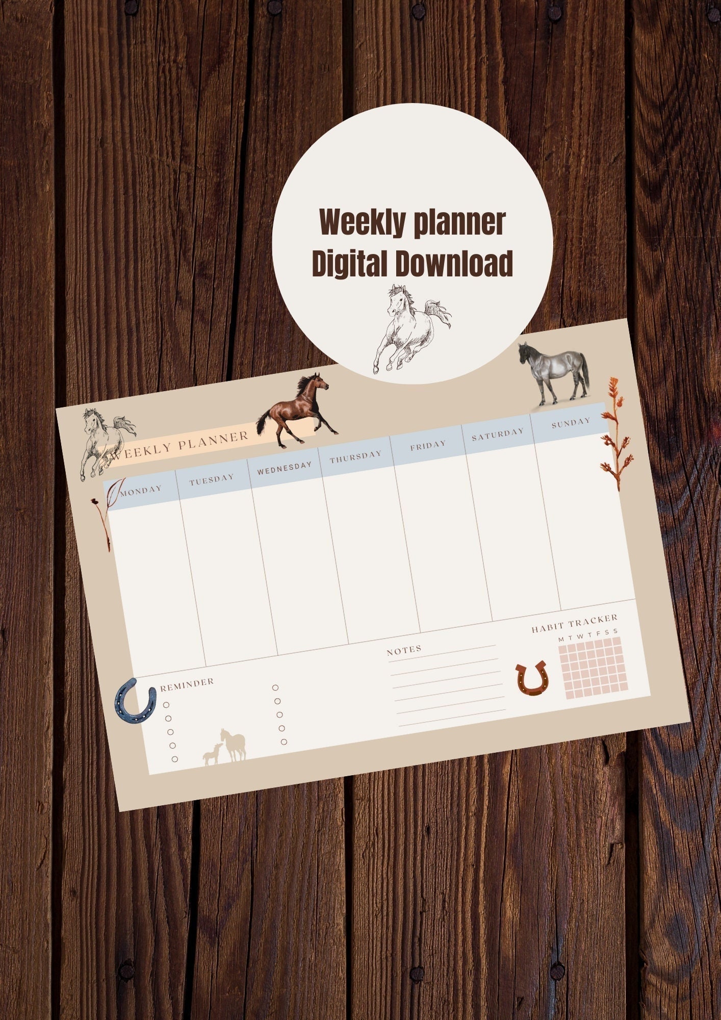 Printable Weekly Planner Horses Digital Download PDF A4 - Etsy