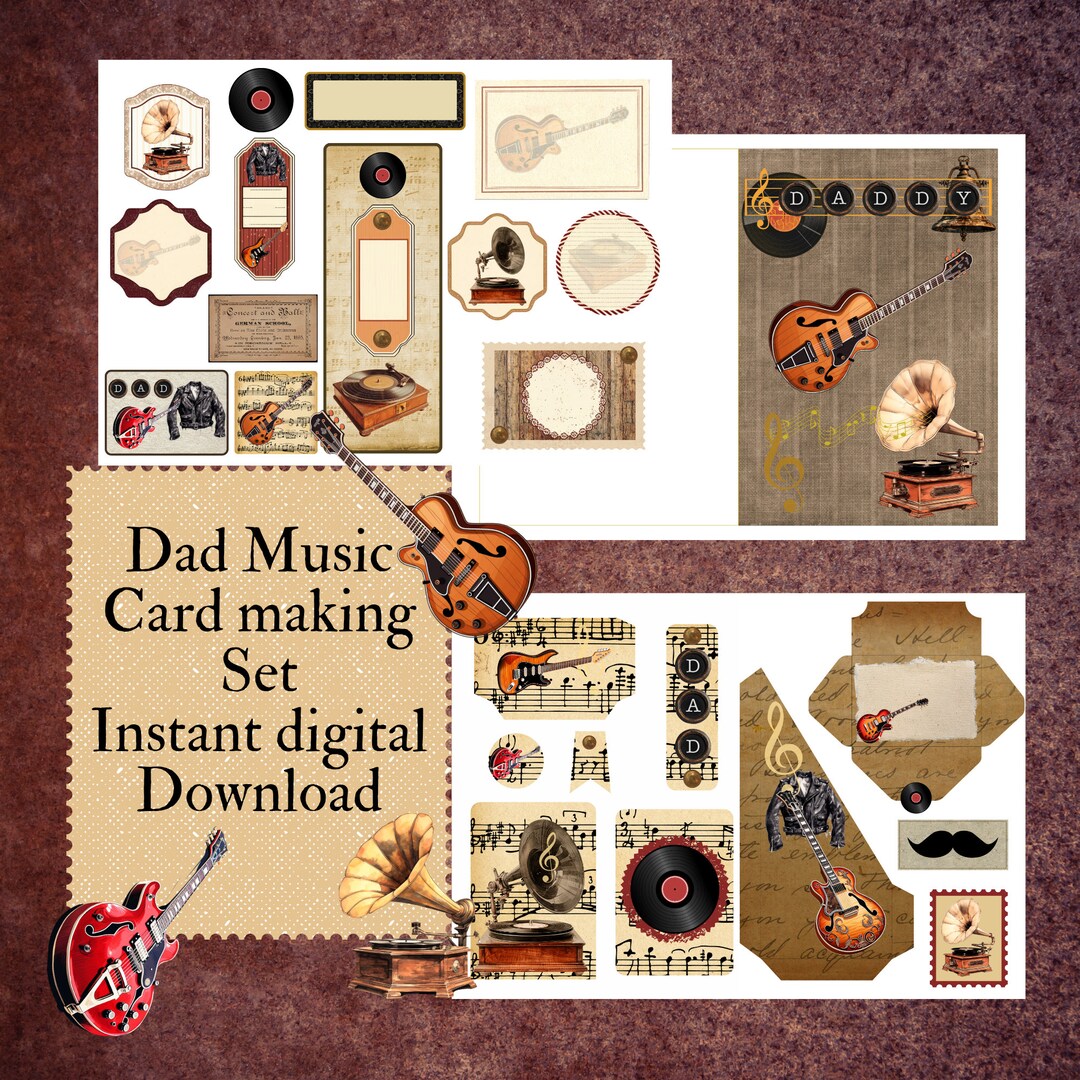 Dad Music, Card Making Set, 3 A4 Pages, JPG, 300 DPI, Instant Download ...