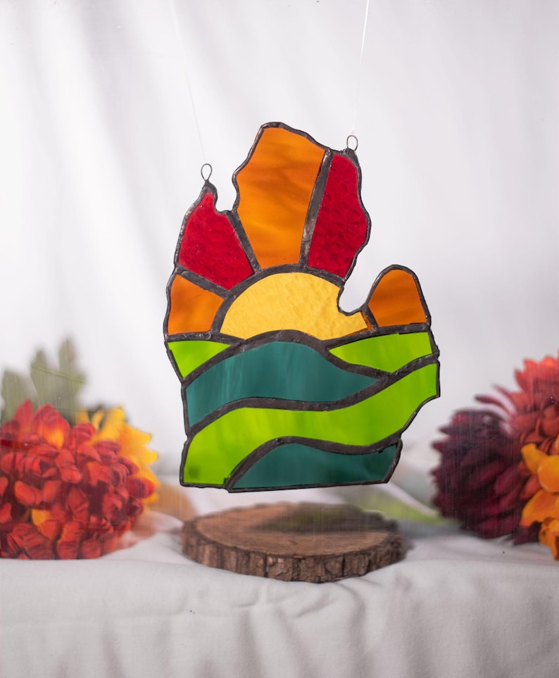 Michigan Shaped Sunset Stained Glass Suncatcher - Etsy