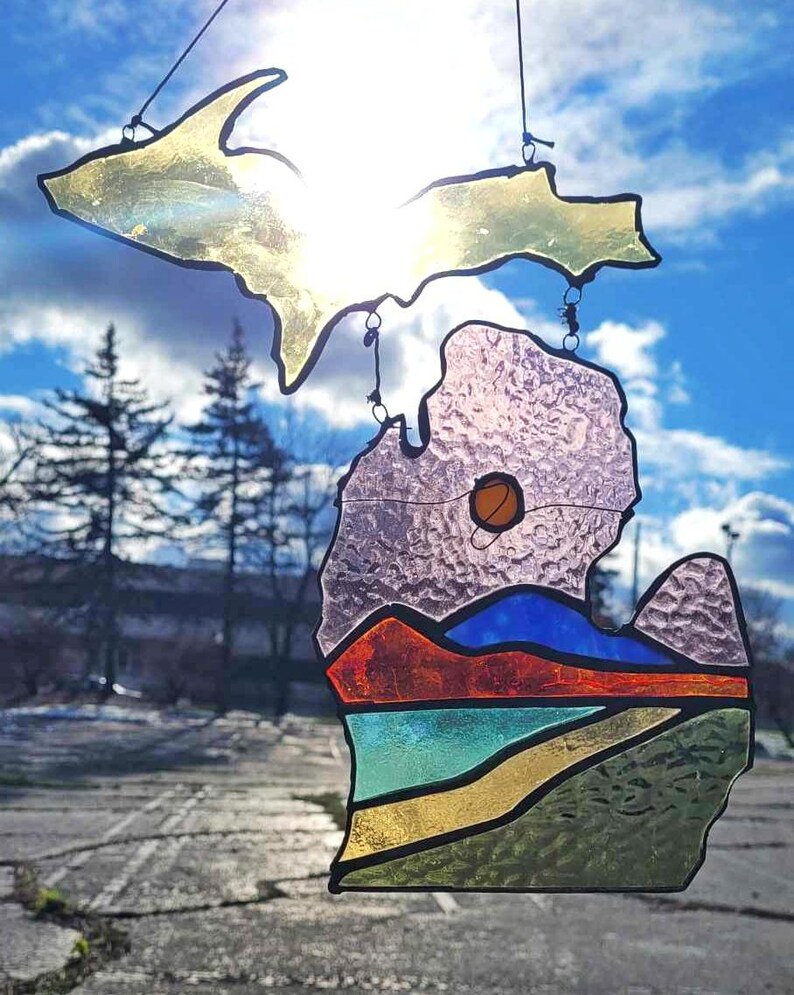 Michigan Shaped Stained Glass- Lake Landscape - Etsy